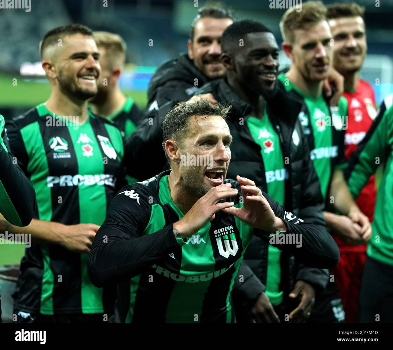Western United players celebrate winning the Round 5 A-League match ...