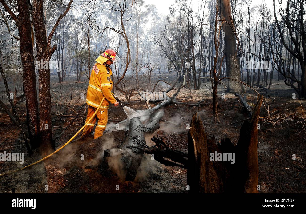 An East Maitland firefighter mops up a fire near businesses at Purfleet ...