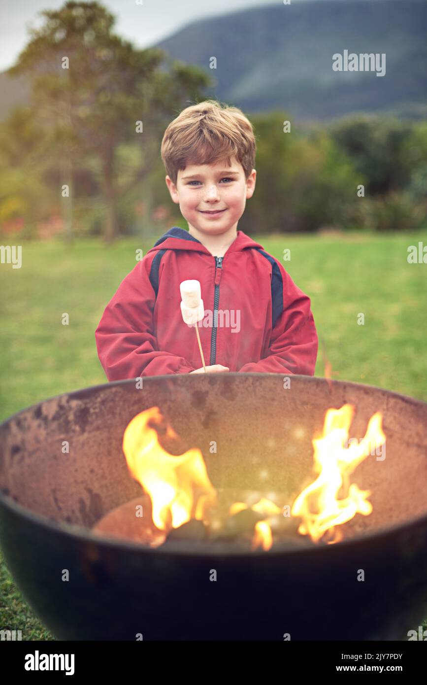 He just loves marshmallows. Portrait of a little boy roasting a ...