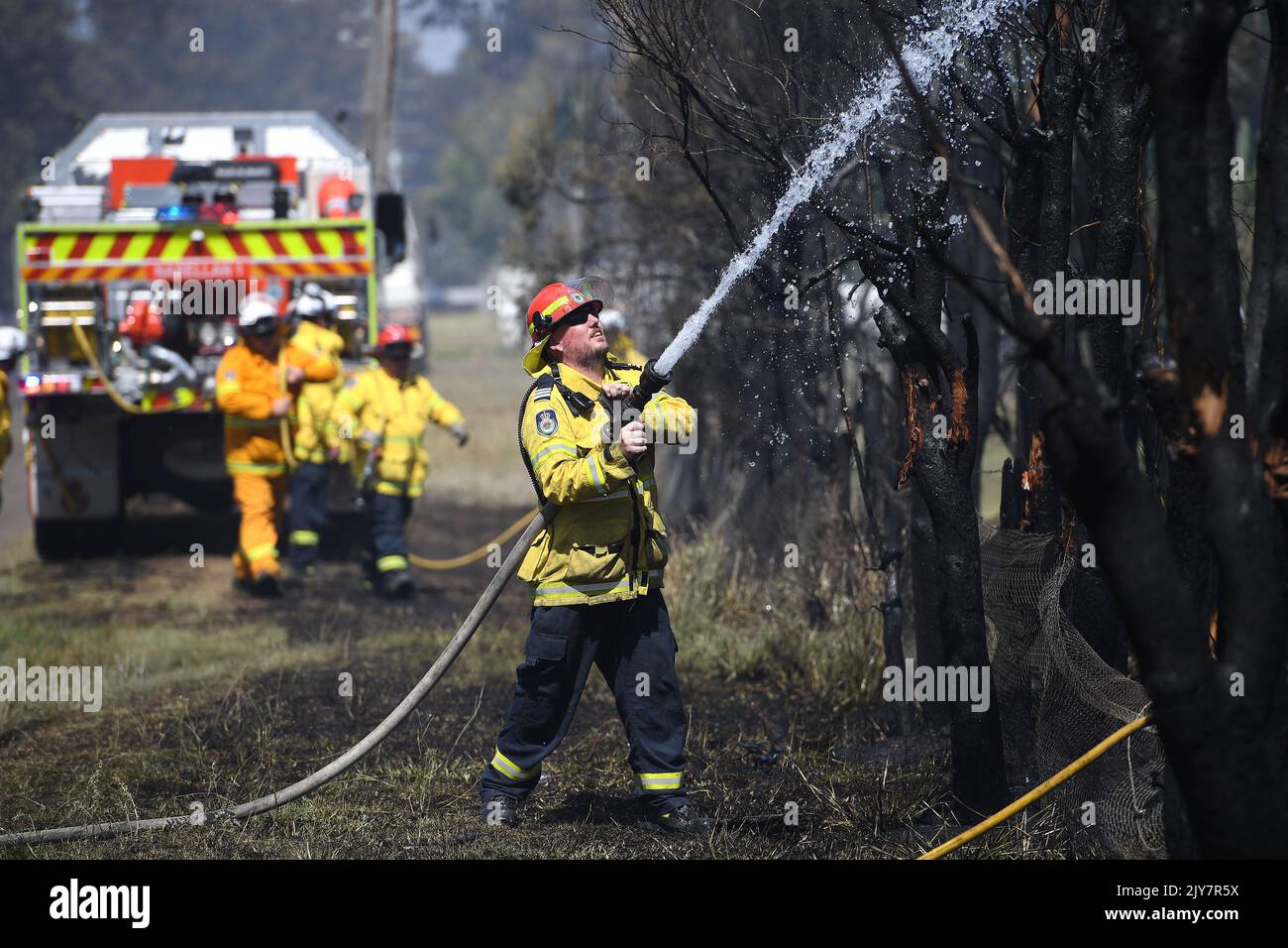 NSW Rural Fire Service crews mop up after a grass fire impacted a ...