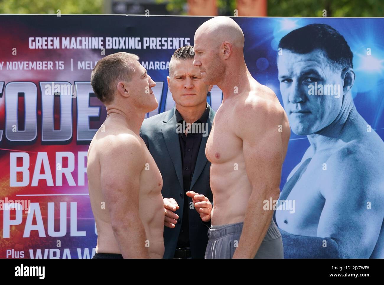 Paul Gallen (left) and Barry Hall face off as promoter Danny Green ...