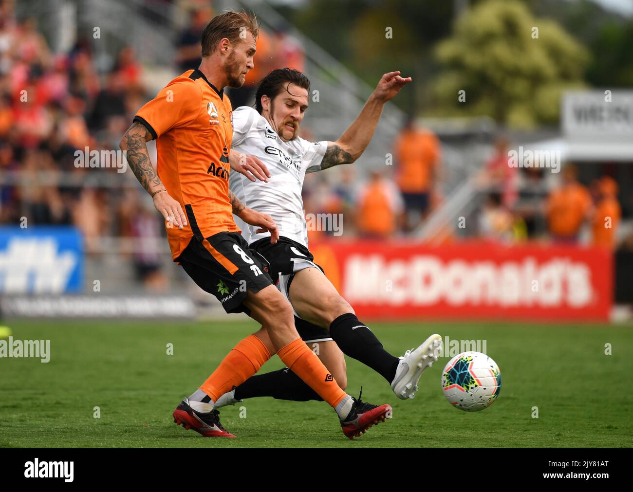 Jacob Pepper of the Roar (left) and Josh Brillante of Melbourne City ...