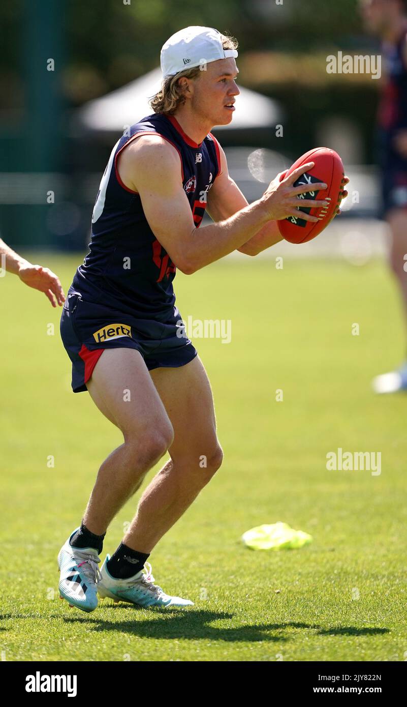 Jayden Hunt of Melbourne during a Melbourne Football Club training ...