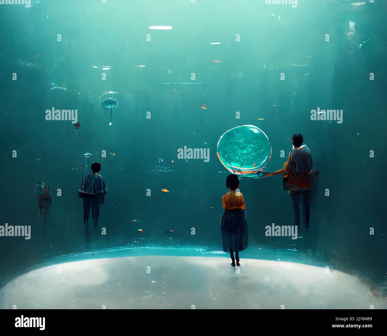 A dream-like illustration of people underwater walking into the abyss ...