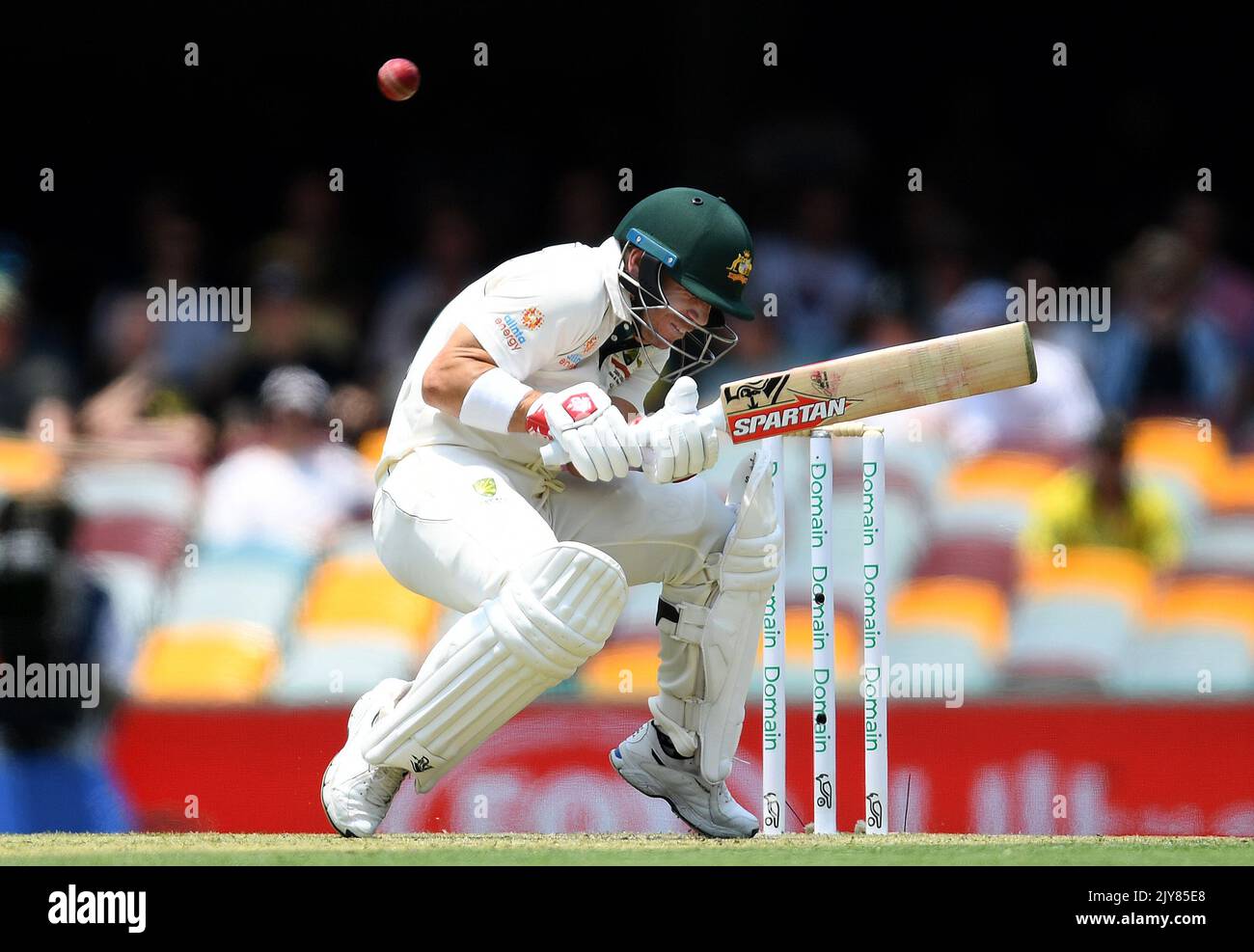 Australian batsman David Warner evades a bouncer bowled by Pakistan bowler Naseem Shah on day ...