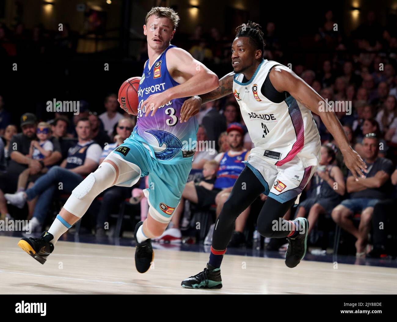 Finn Delany of the Breakers and Eric Griffin of the 36ers during the ...