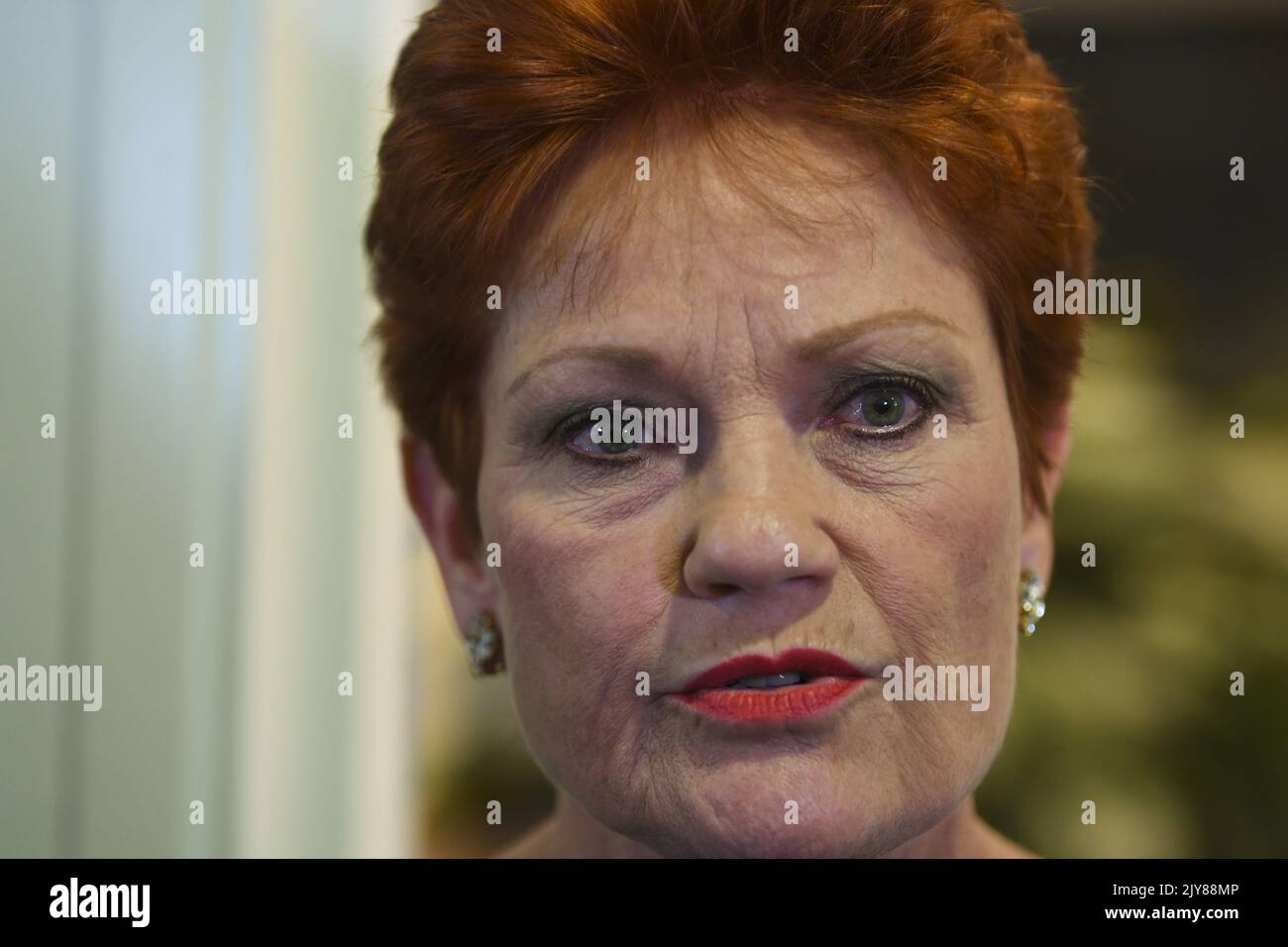 One Nation Leader Pauline Hanson speaks during a doorstop interview at ...