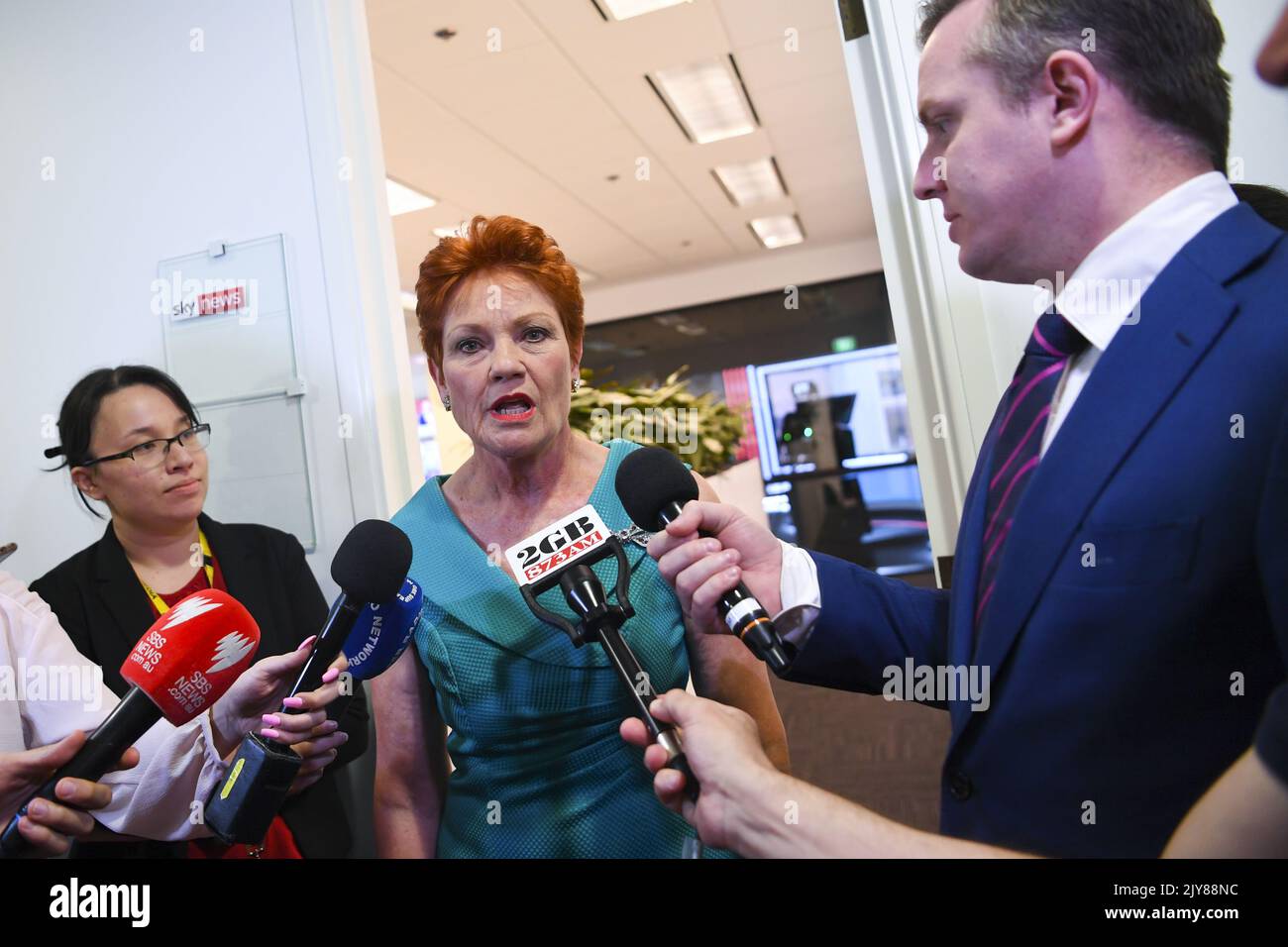 One Nation Leader Pauline Hanson speaks during a doorstop interview at ...