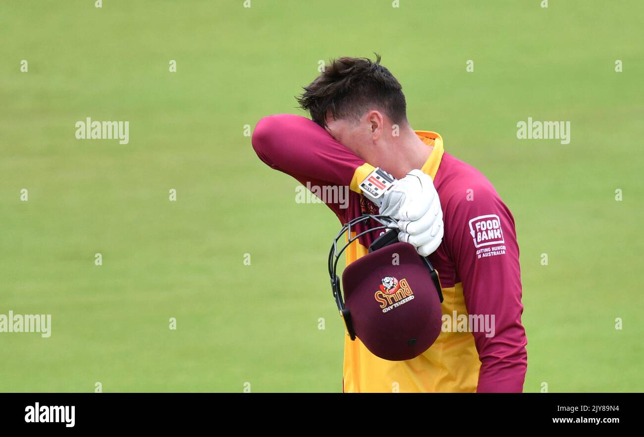 Matthew Renshaw of the Bulls is seen after losing his wicket to Jhye ...