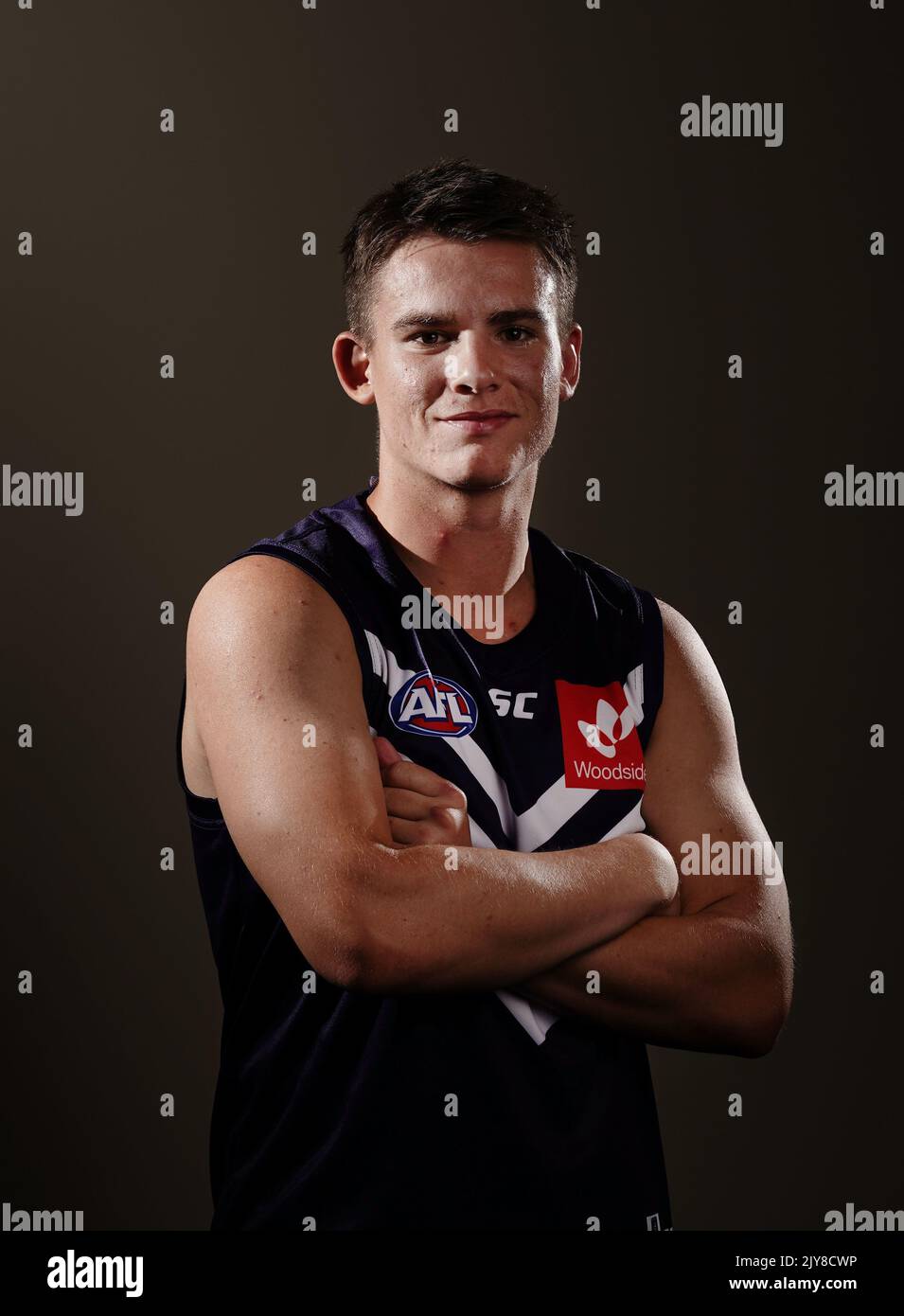 Draft Selection Number 8 Caleb Serong of the Fremantle Dockers poses ...