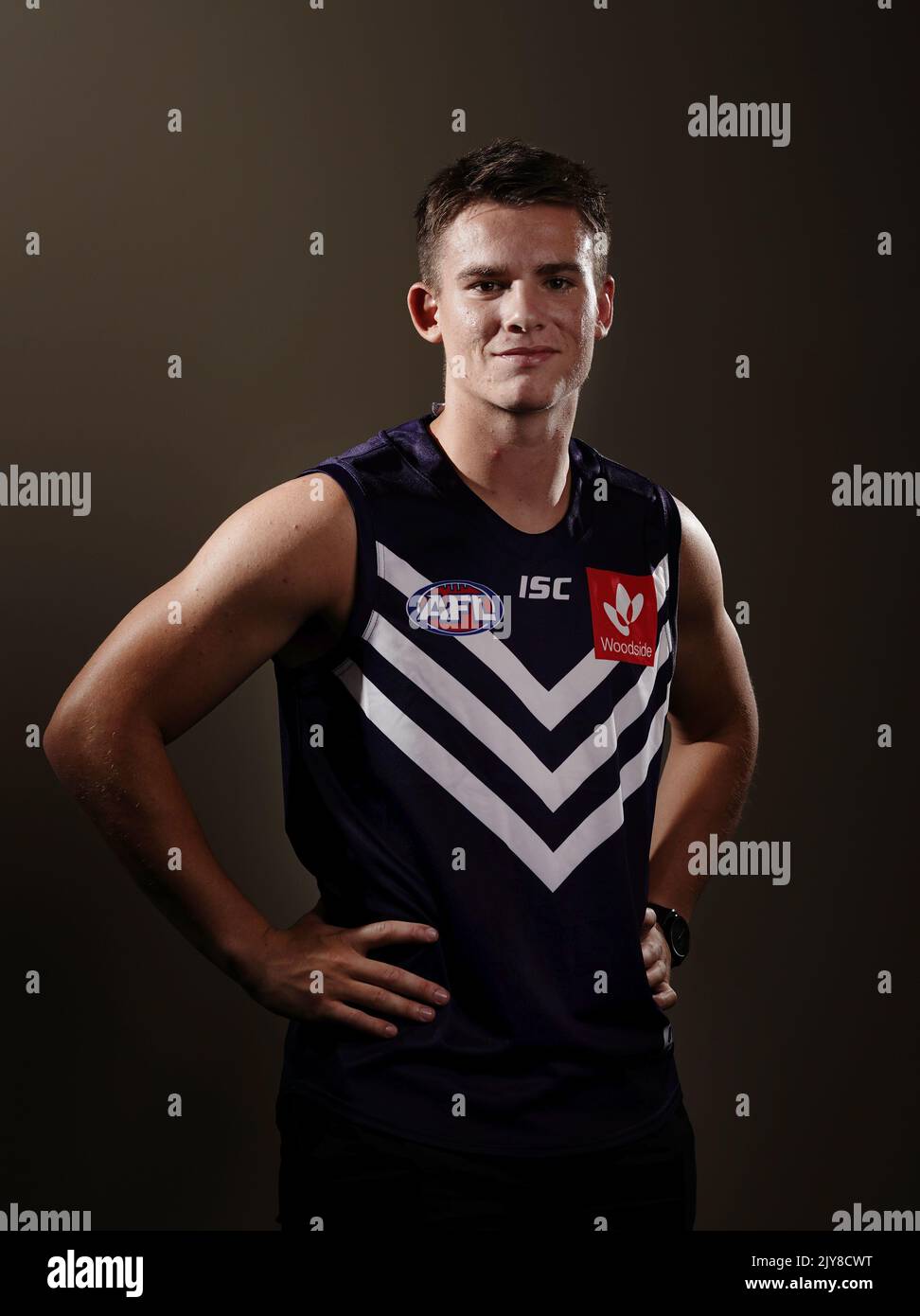 Draft Selection Number 8 Caleb Serong of the Fremantle Dockers poses ...
