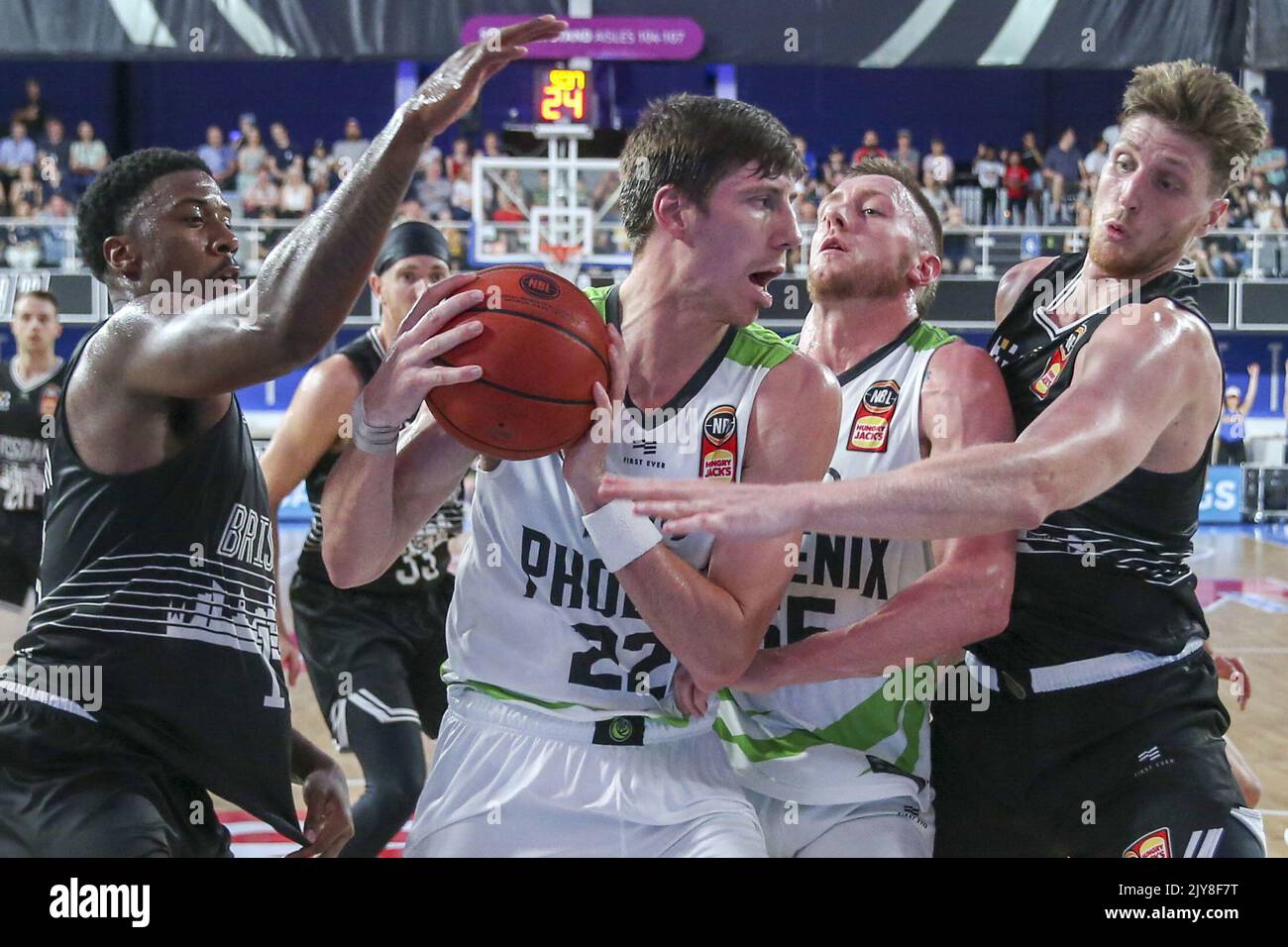 Dane Pineau of the Phoenix takes down a rebound during the round 9 NBL ...