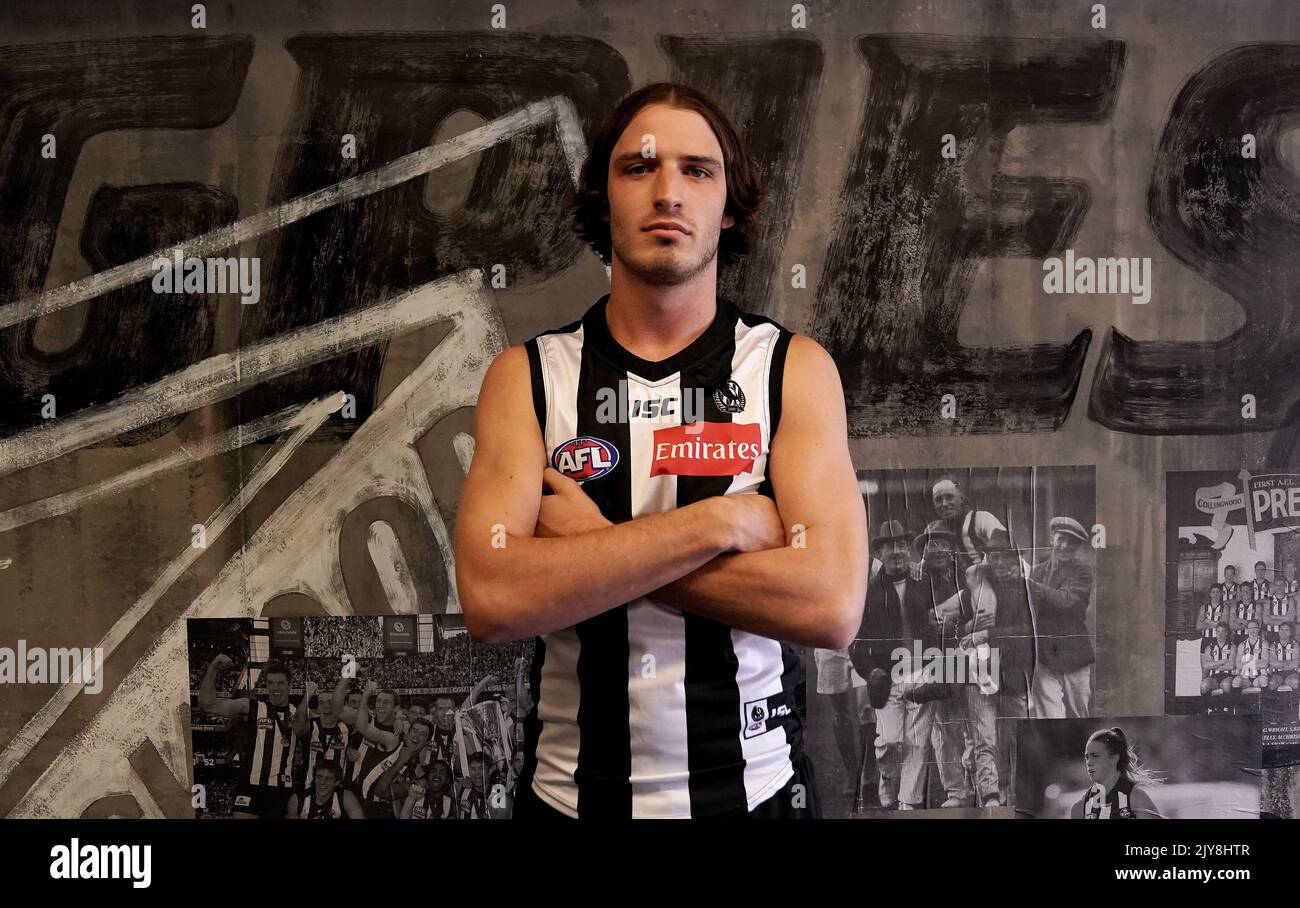 Trey Ruscoe of Collingwood poses for a photo during a media opp at at ...
