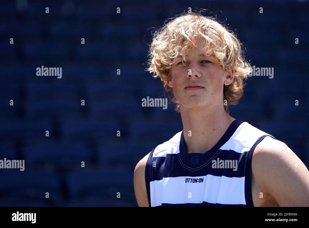 Sam De Koning of Geelong poses for a photo during a Geelong Cats media ...