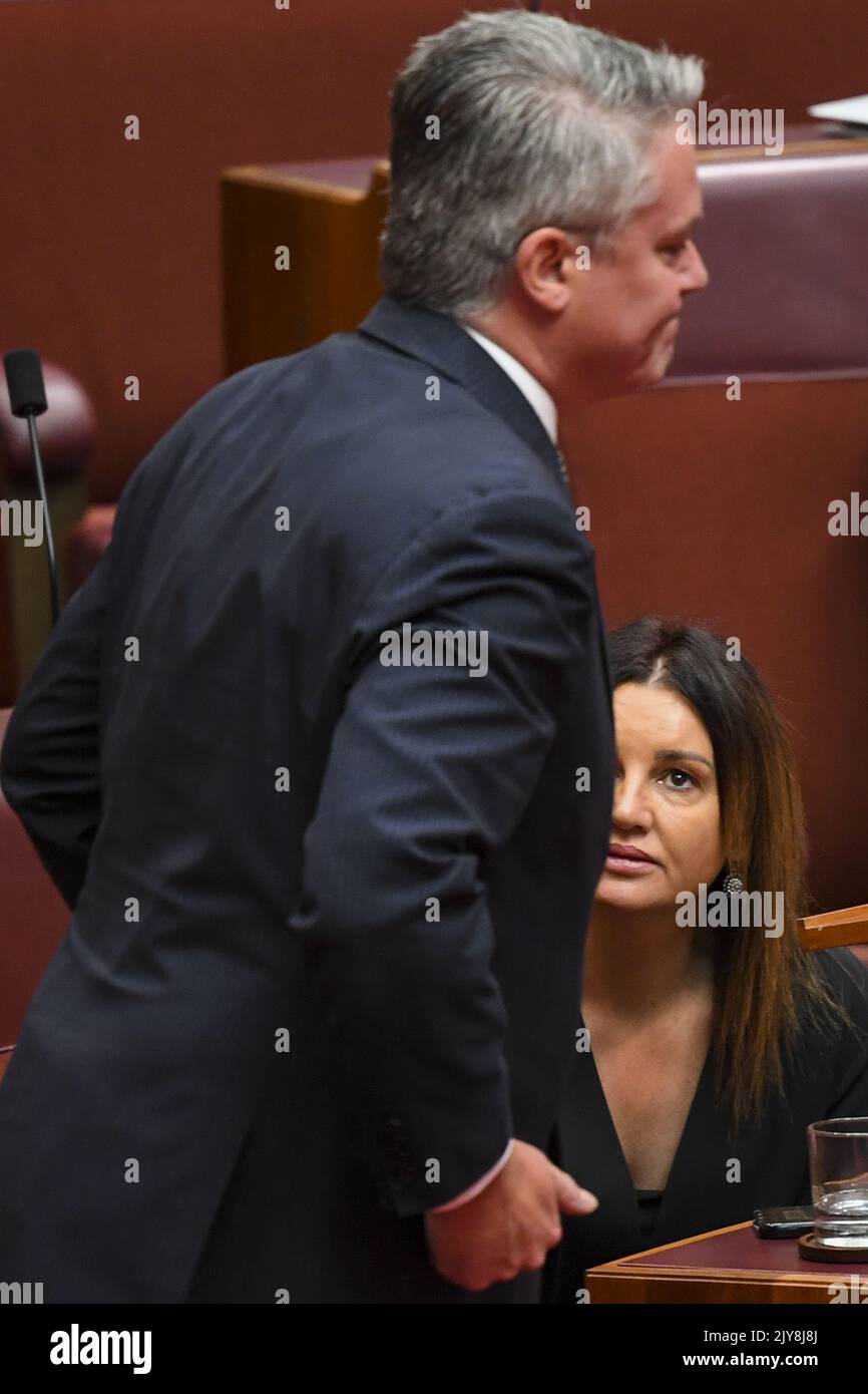 Crossbench Senator Jacqui Lambie (right) speaks with the Leader of the ...