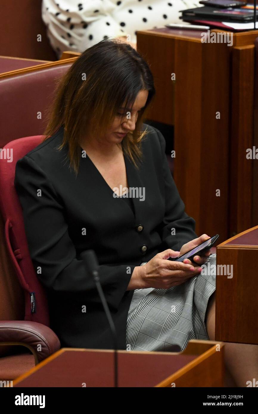 Crossbench Senator Jacqui Lambie reacts during debate in the Senate ...