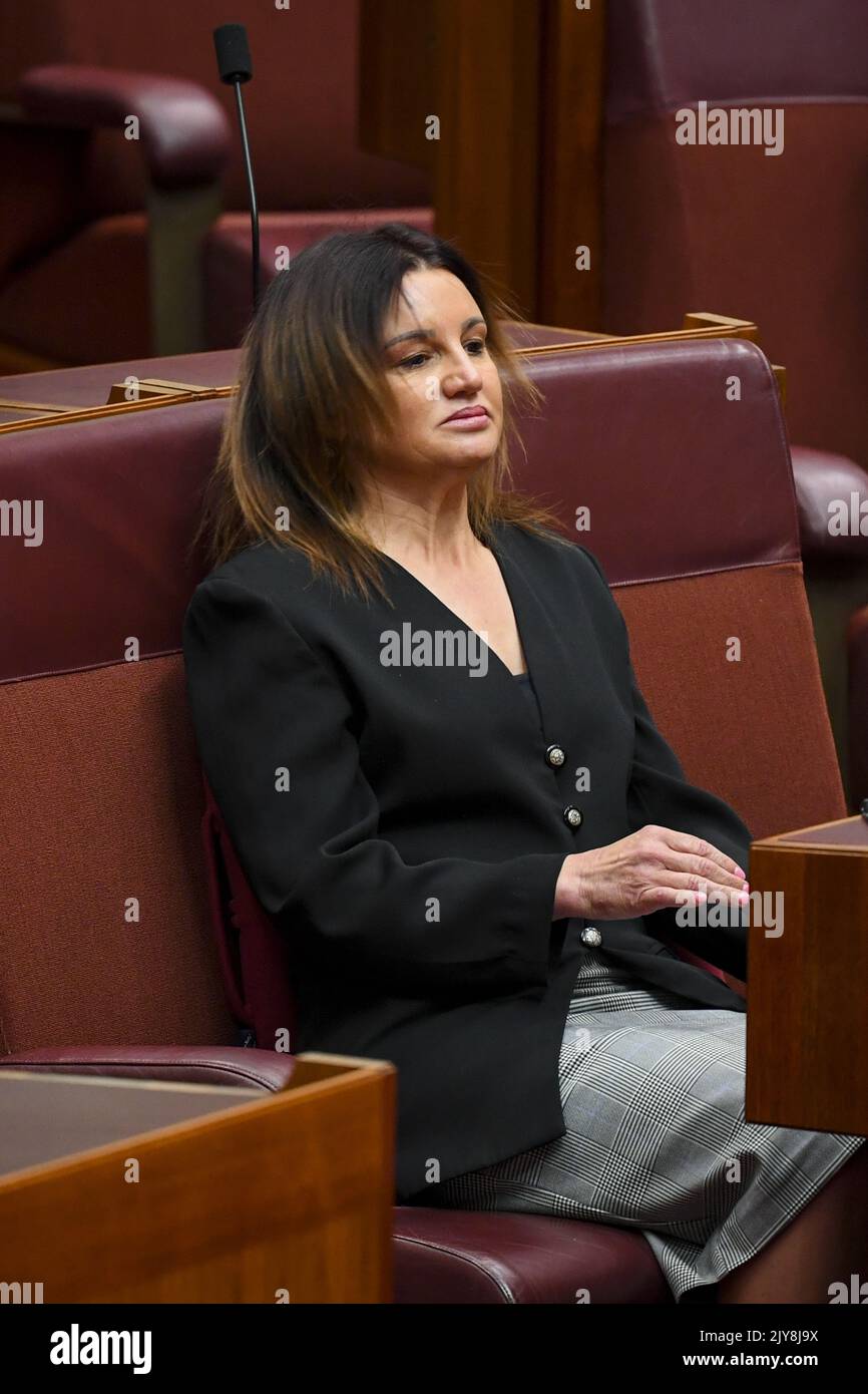 Crossbench Senator Jacqui Lambie reacts during debate in the Senate ...
