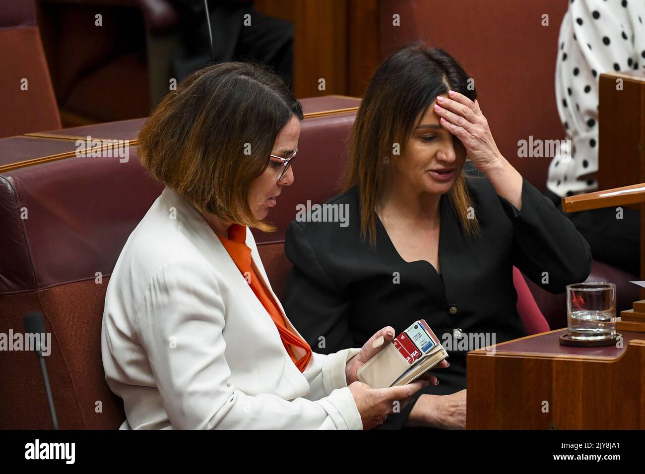 Crossbench Senator Jacqui Lambie reacts during debate in the Senate ...