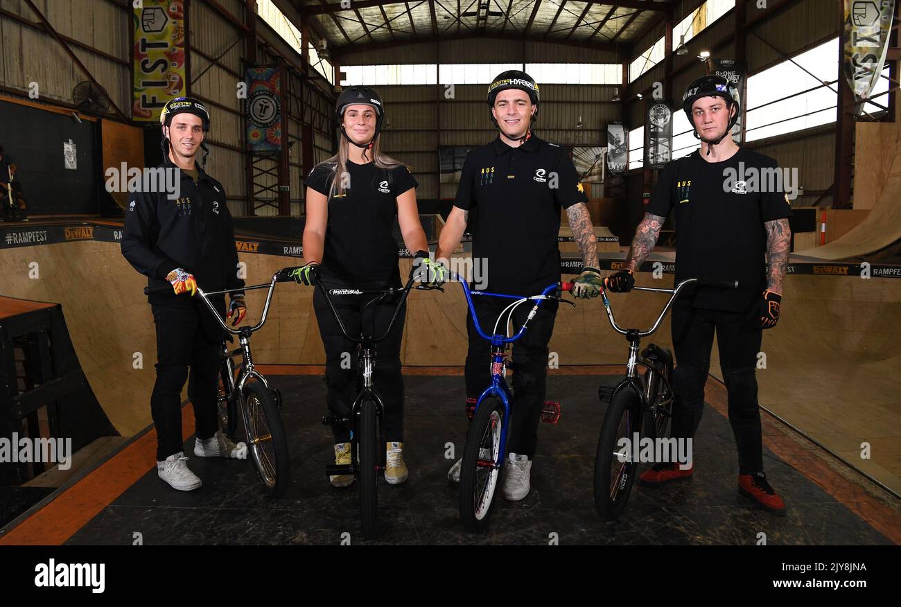 (L-R) BMX riders Logan Martin, Natalya Diehm, Brandon Loupos and Jake ...