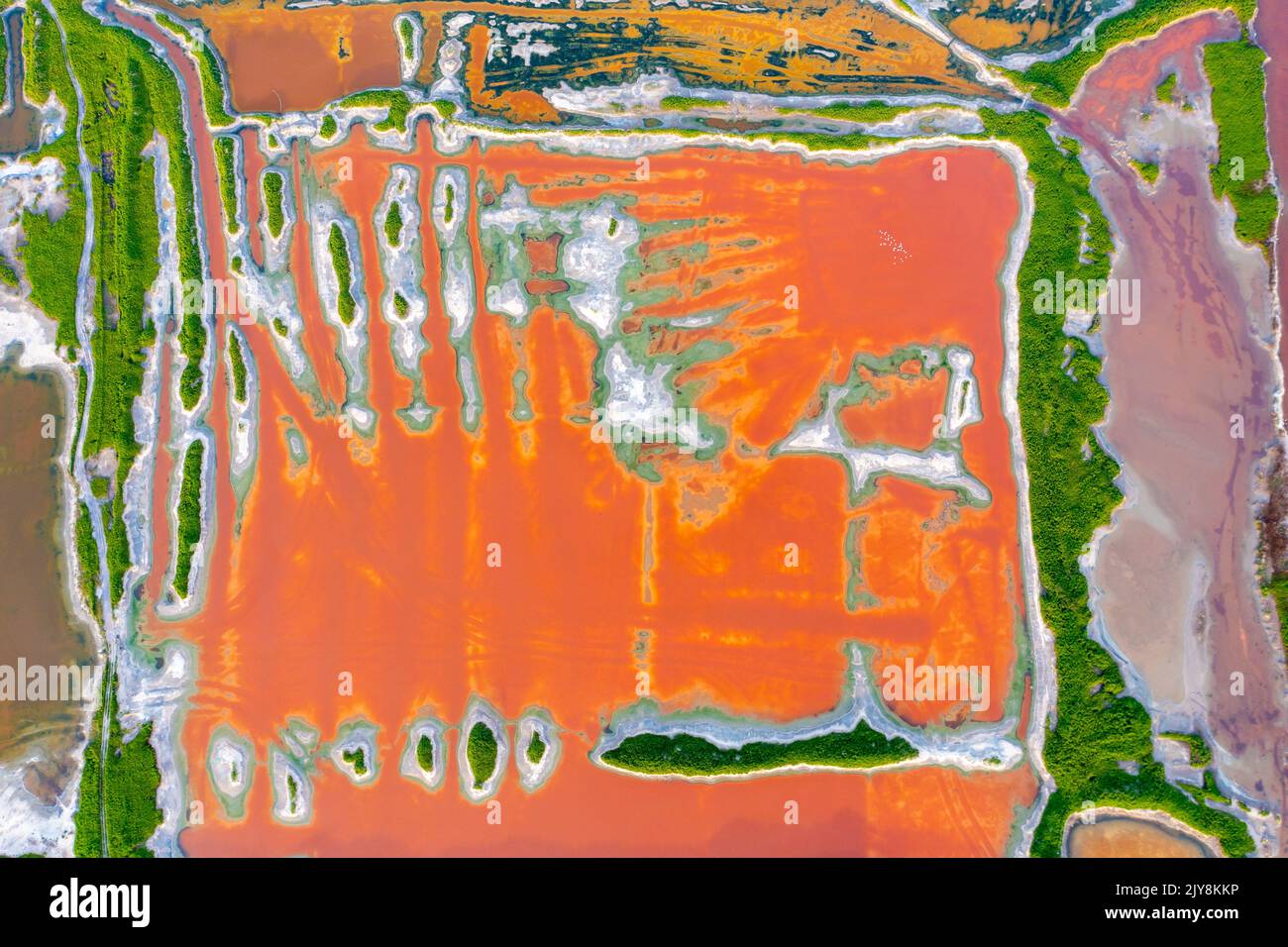 YUNCHENG, CHINA - SEPTEMBER 7, 2022 - Aerial view of colorful salt lake ...