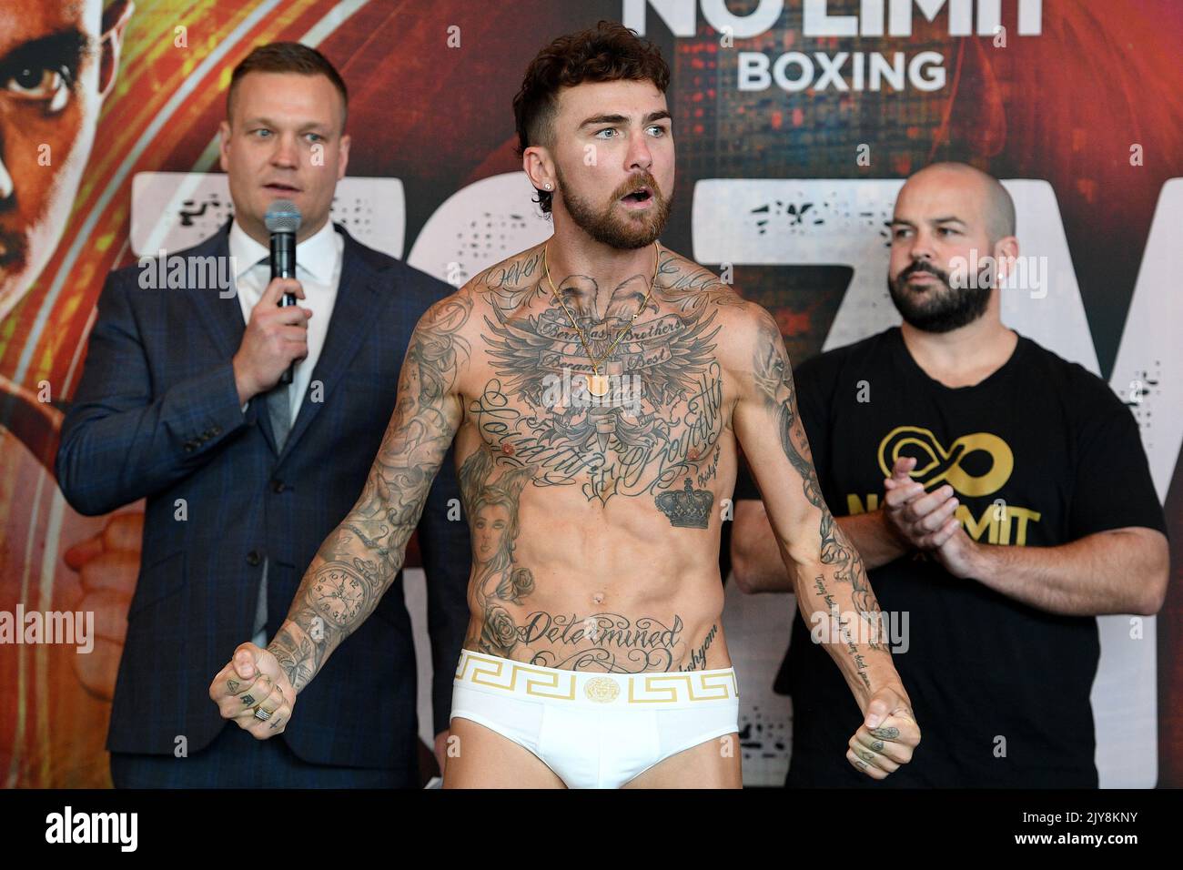 Jack Brubaker gestures during the official weigh in for the Tszyu v ...