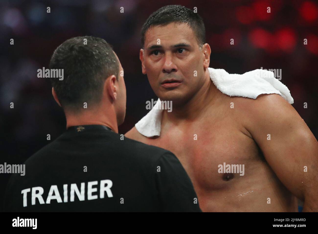 Former NRL player Justin Hodges looks on following his Heavyweight ...