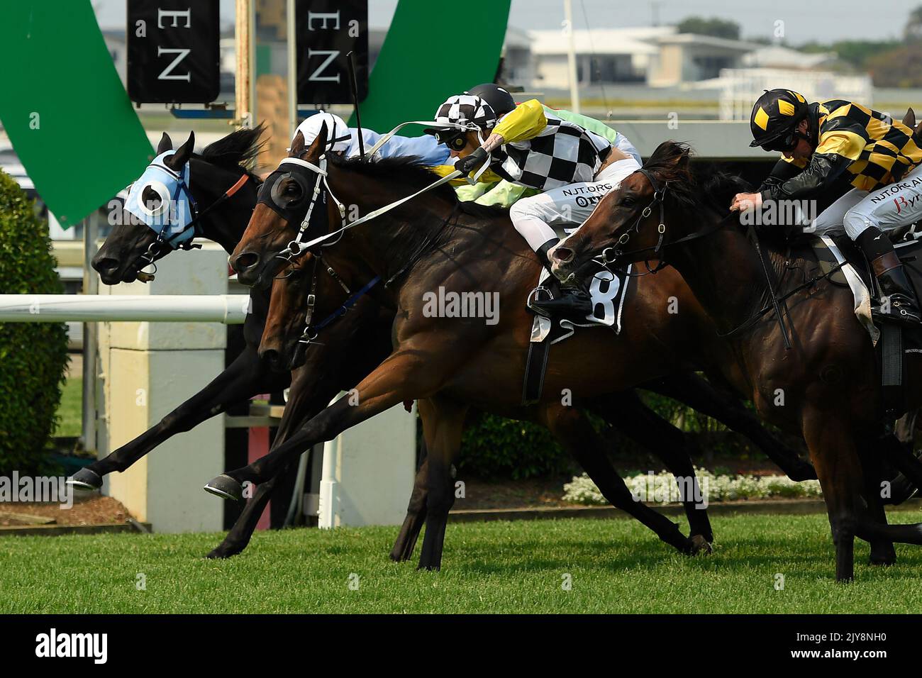 Jockey James Orman rides Equipped (centre) to victory in race 4, the ...