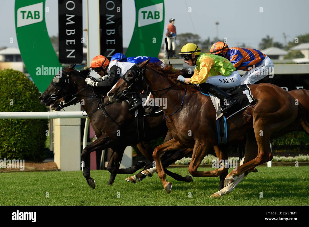 Jockey Mark Du Plessis rides Stella Ombra (left) to victory in race 6 ...