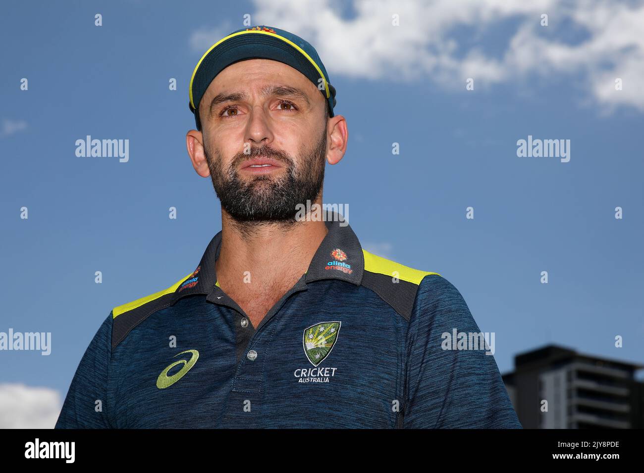 Nathan Lyon talks during a media opportunity with the Australian Men's ...