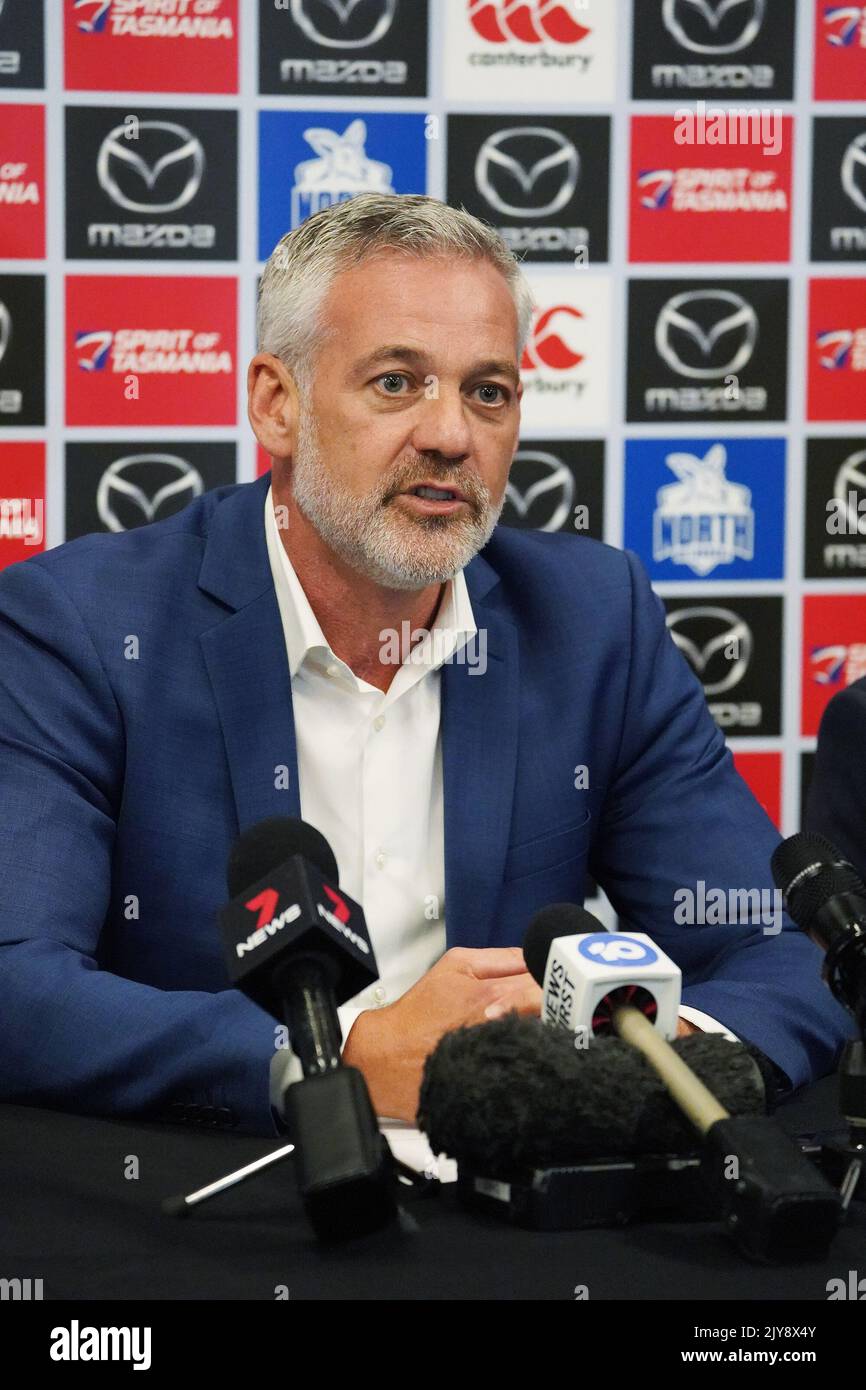 North Melbourne chairman, Ben Buckley speaks during a press conference at Arden Street Oval in ...