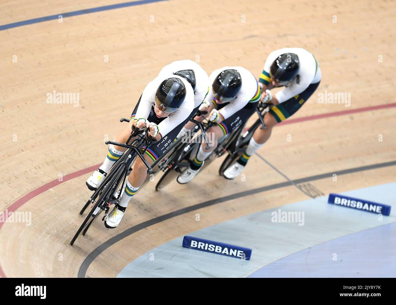 The Australian women's team pursuit team is seen during a qualifying ...