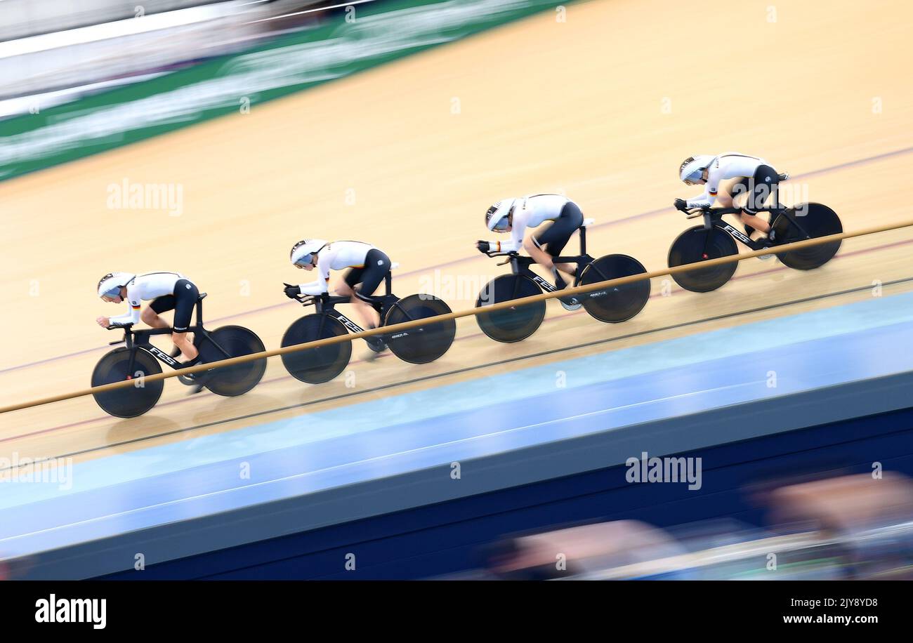 The German women's team pursuit outfit is seen during a qualifying ...