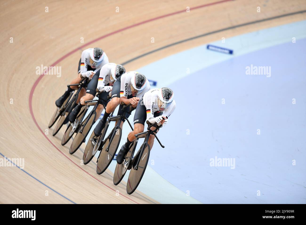 The German men's team pursuit outfit is seen during a qualifying stage ...