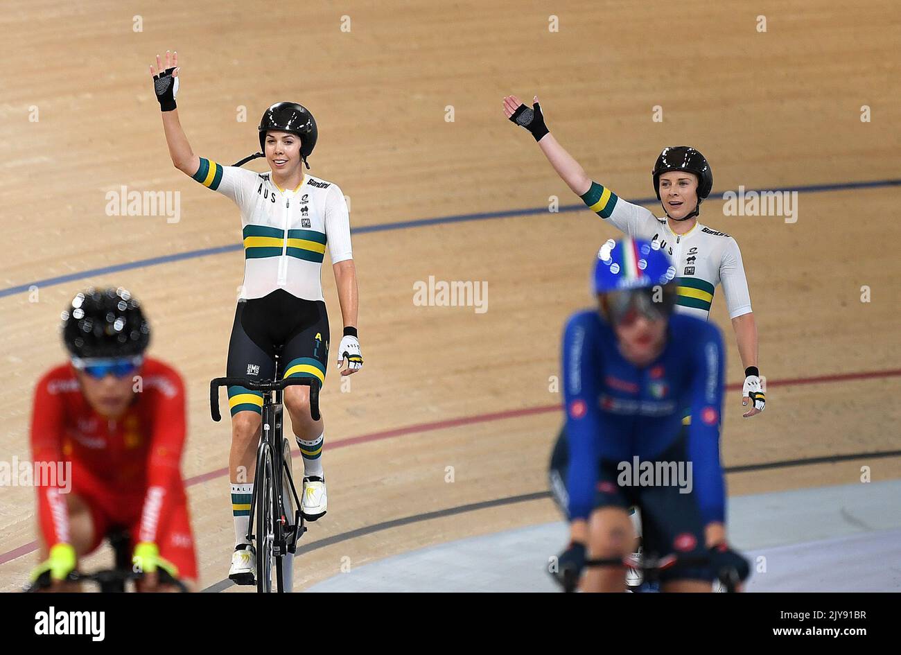 Australia's Annette Edmondson (right) and Georgia Baker celebrate ...