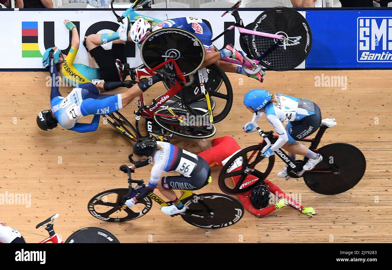Riders crash during the women's Omnium Scratch race at the Tissot UCI ...