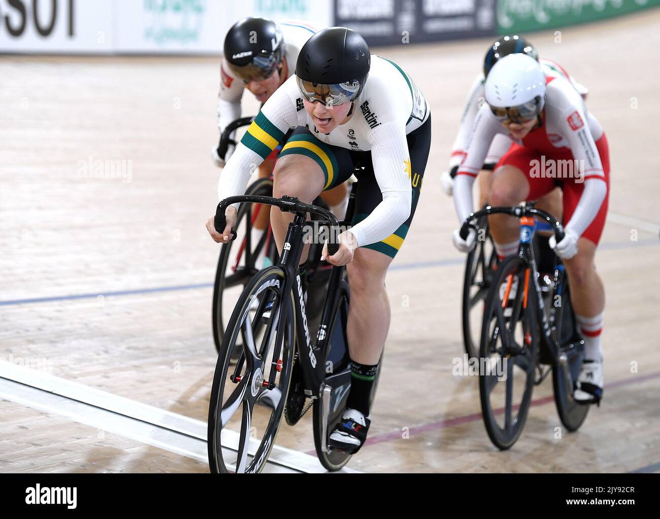 Stephanie Morton of Australia leads the field in the women's Keirin ...