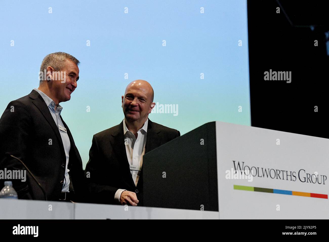 Woolworths CEO Brad Banducci (left) and Woolworths chairman Gordon ...