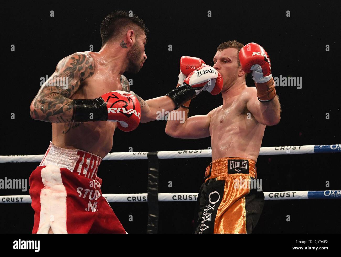 Australian boxers Jeff Horn (right) and Michael Zerafa fight during ...