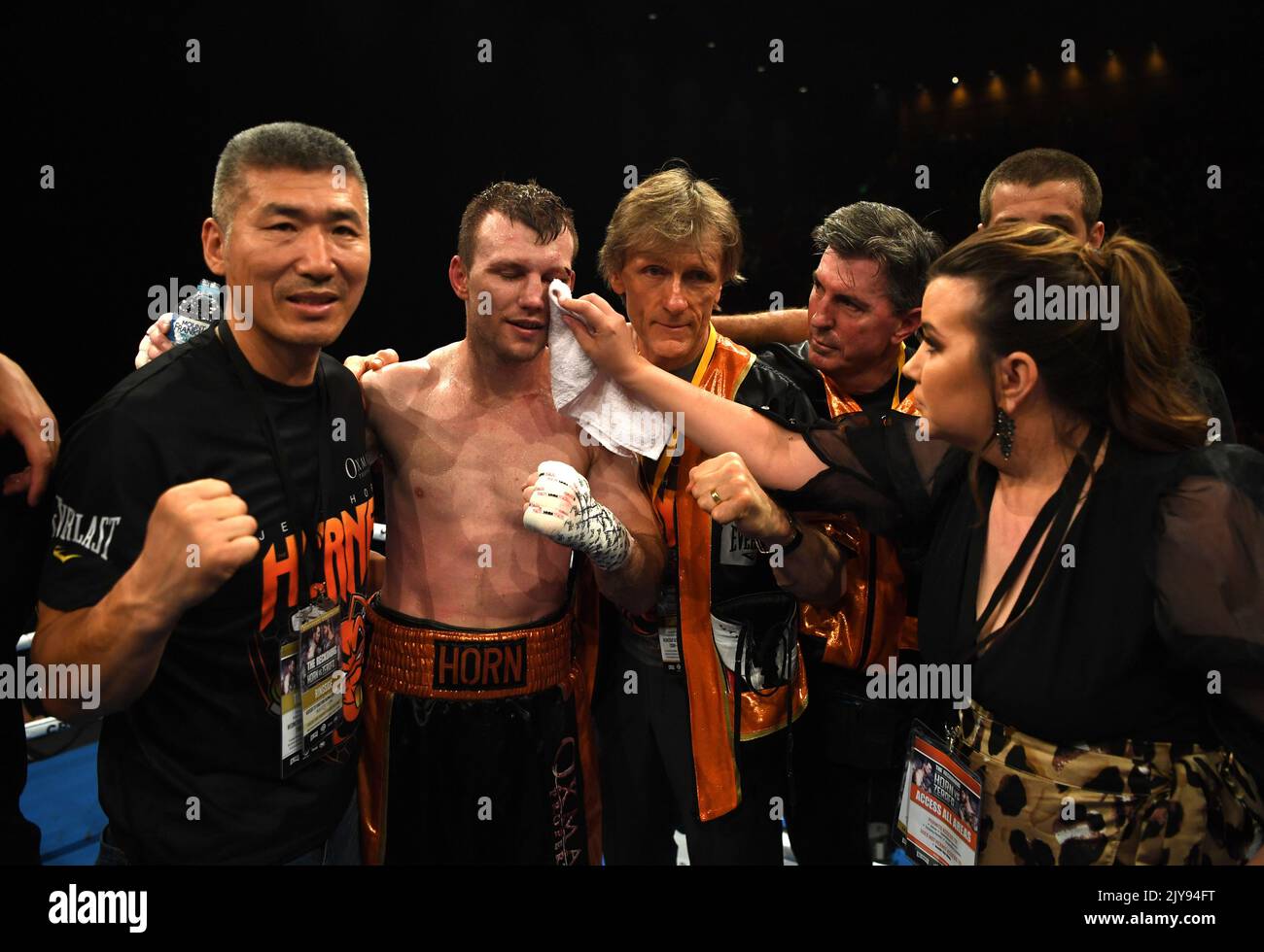 Australian boxers Jeff Horn's wife Jo wipes sweat off his face as he ...