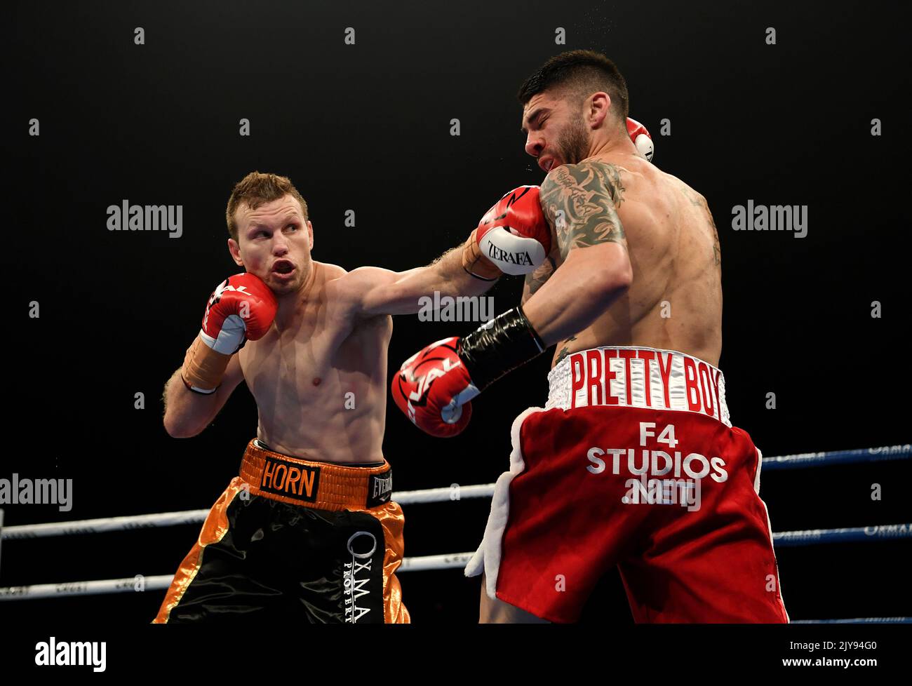 Australian boxers Jeff Horn (left) and Michael Zerafa fight during ...