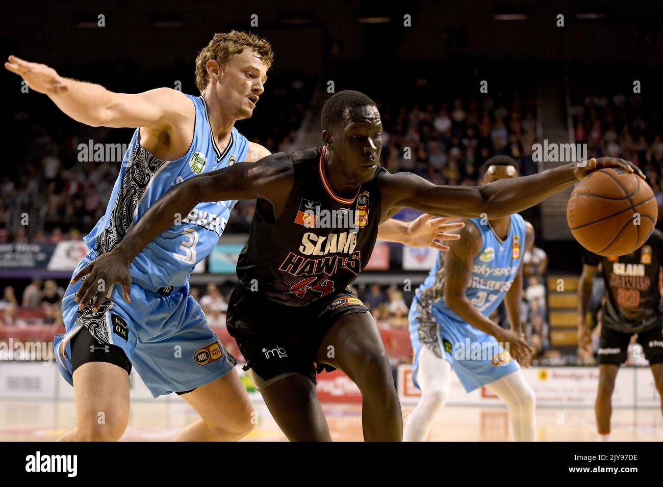 Sunday Dech of the Hawks and Finn Delany of the Breakers during the ...