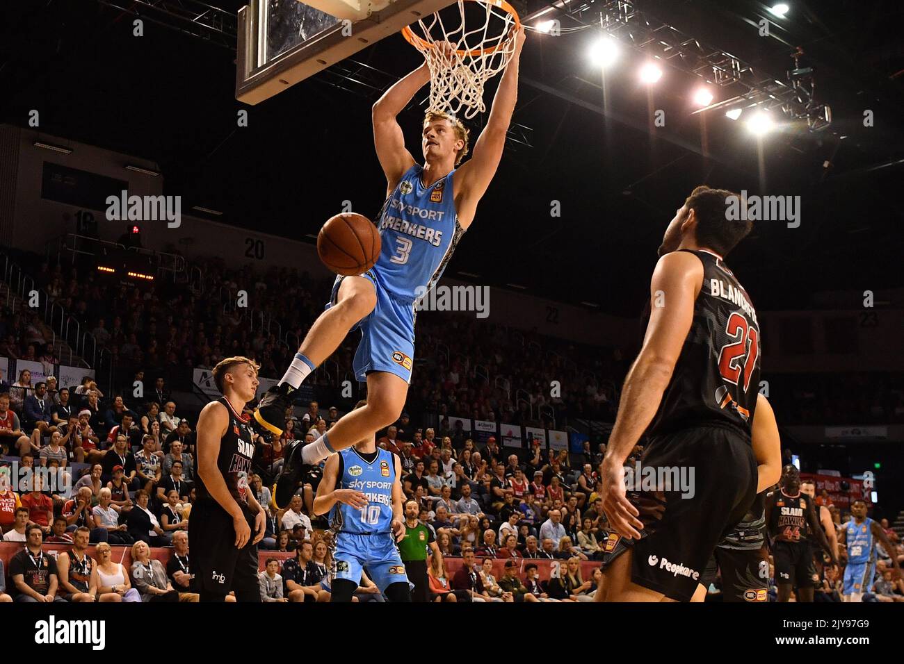 Finn Delany of the Breakers slam dunks during the Round 12 NBL match ...