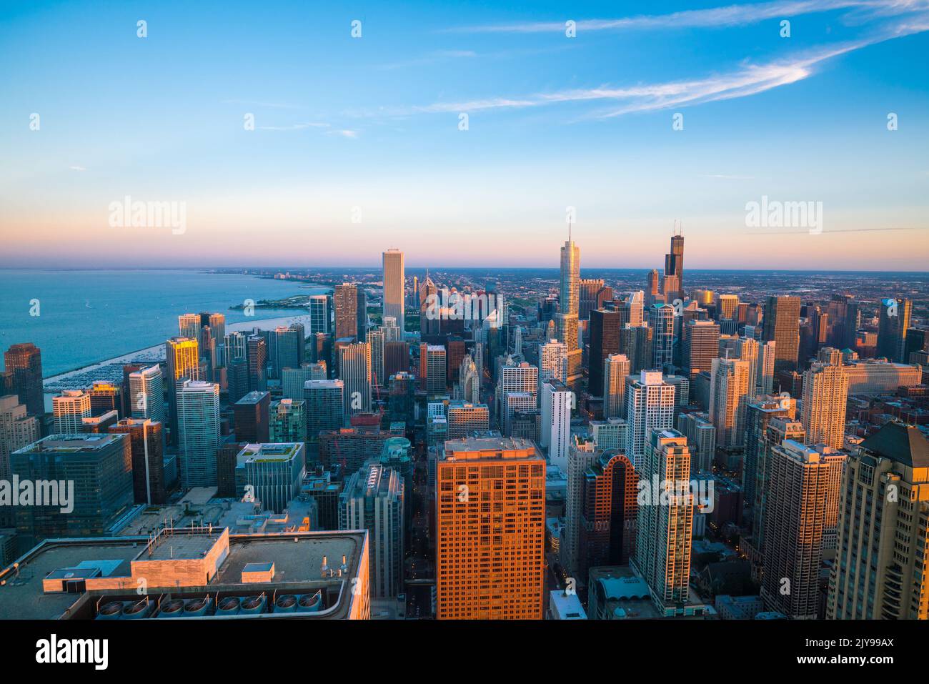 Aerial view of Chicago downtown skyline at sunset from high above Stock ...
