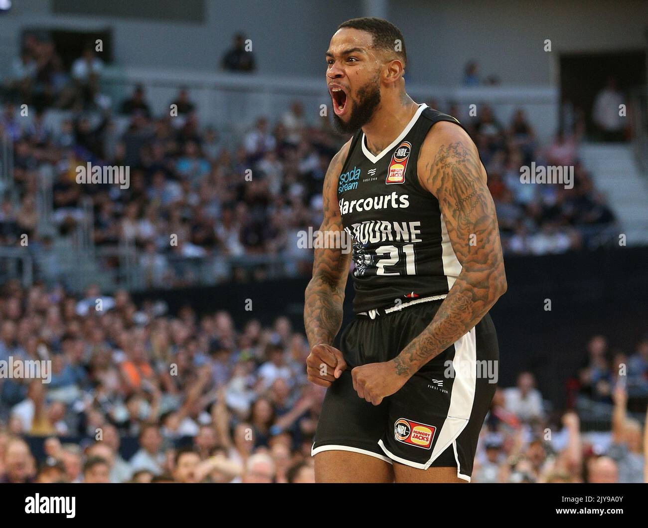 Shawn Long of Melbourne United celebrates scoring during the Round 13 ...