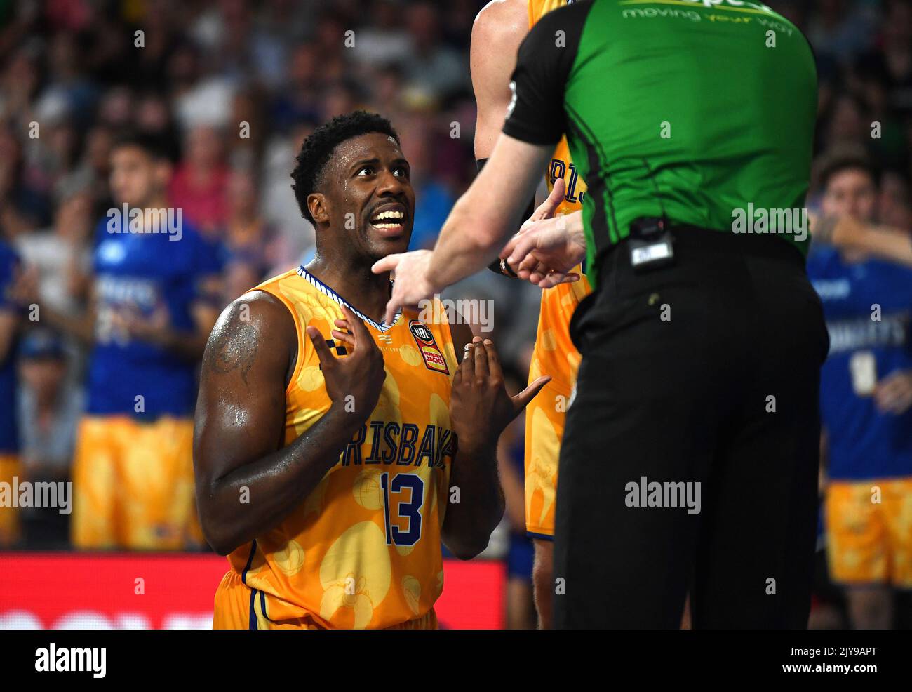 Lamar Patterson of the Bullets pleads with a match official after a ...