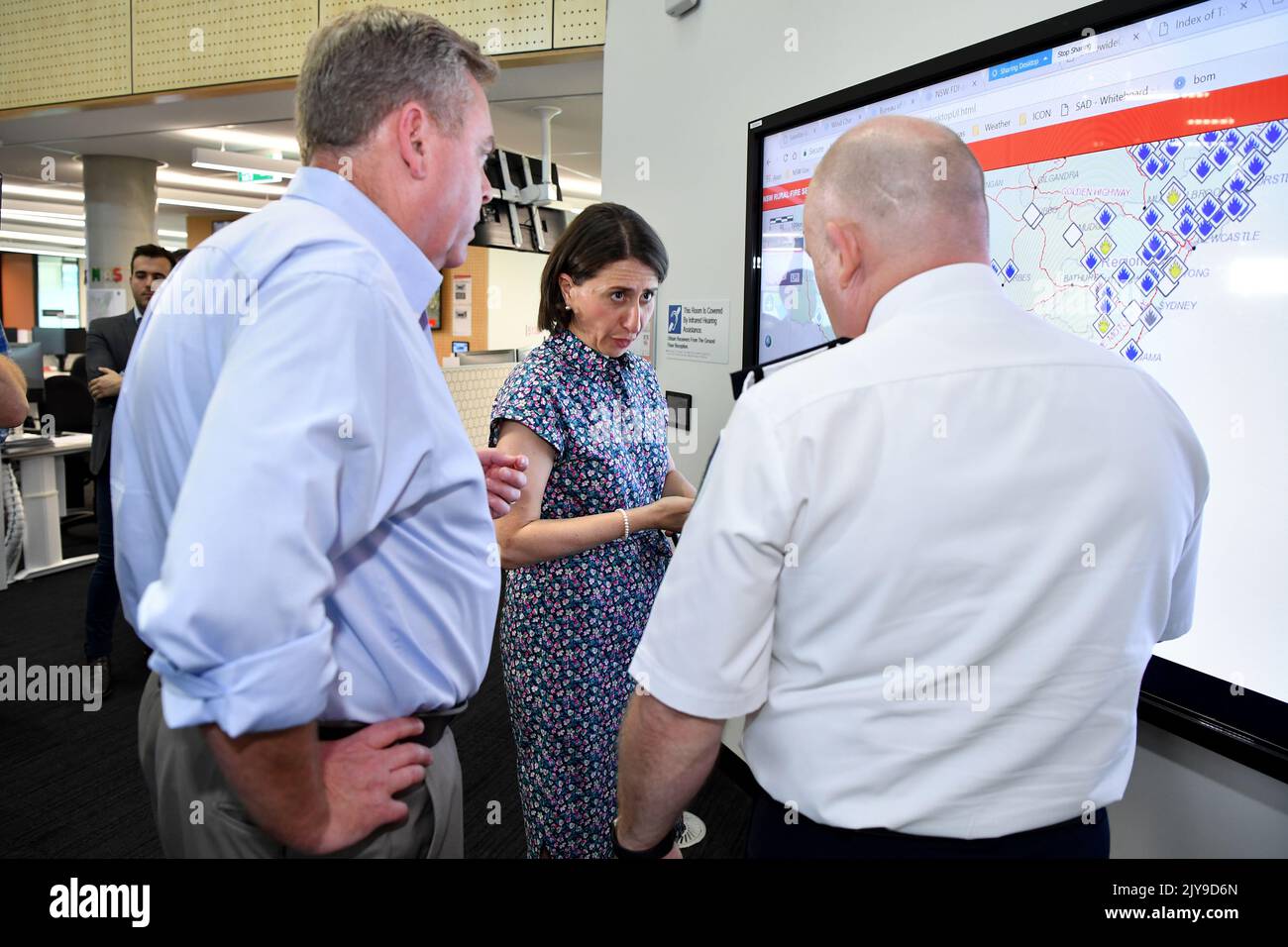 NSW Premier Gladys Berejiklian is briefed by NSW RFS Commissioner Shane ...