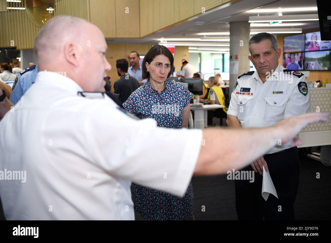 NSW Premier Gladys Berejiklian is briefed by NSW RFS Commissioner Shane ...