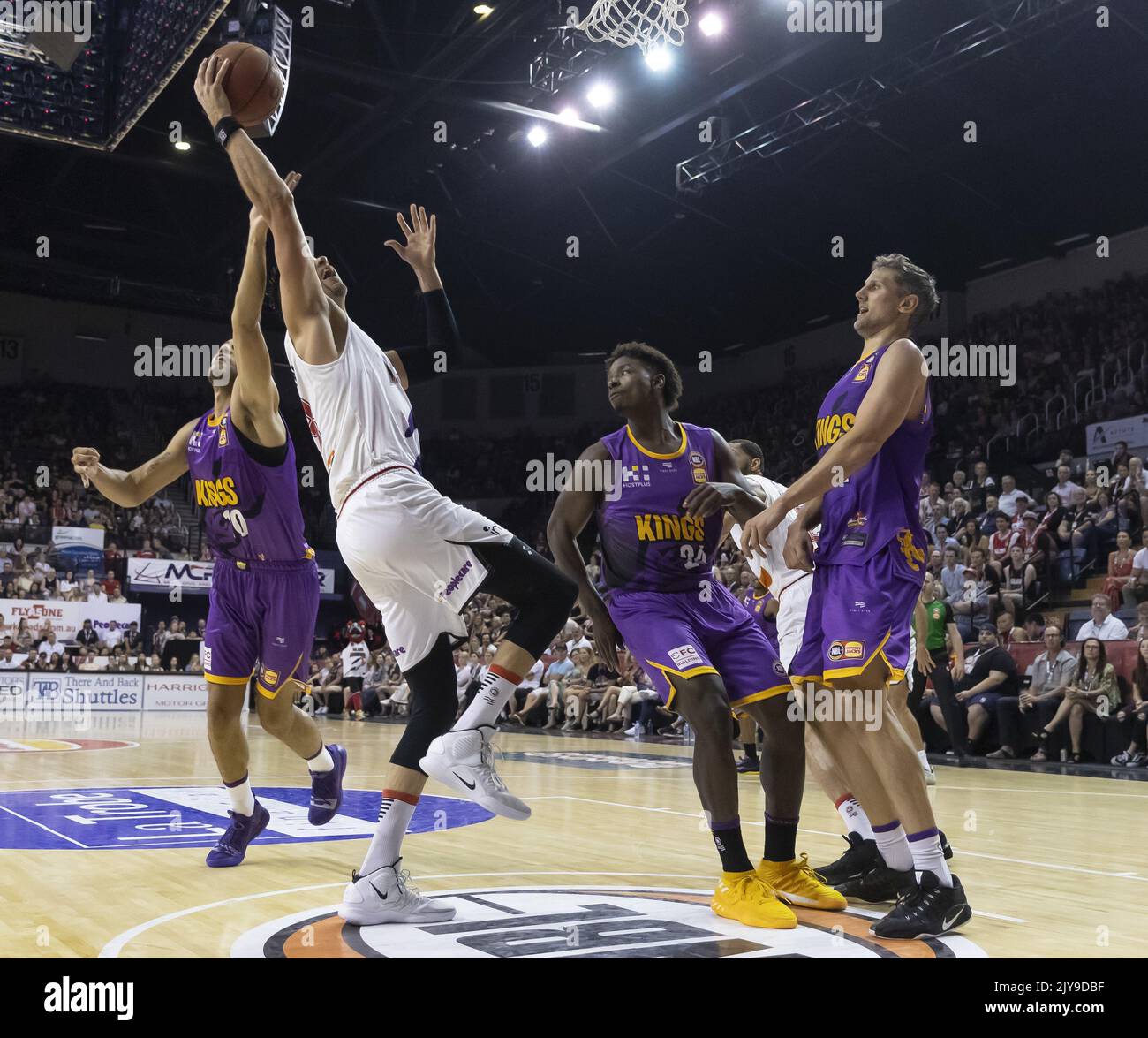 Xavier Cooks of the Kings and David Andersen of the Hawks contest the ...