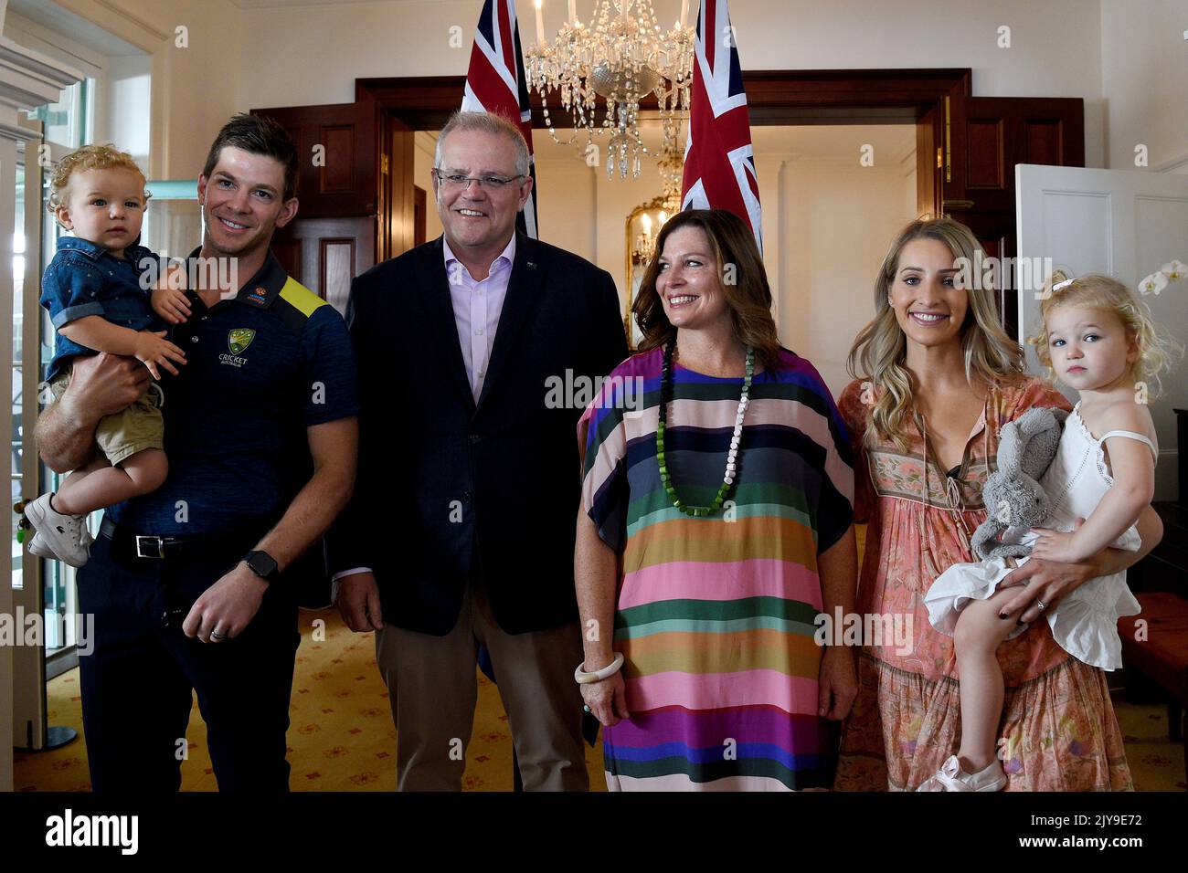 (L-R) Australian cricket captain Tim Paine, Prime Minister Scott ...