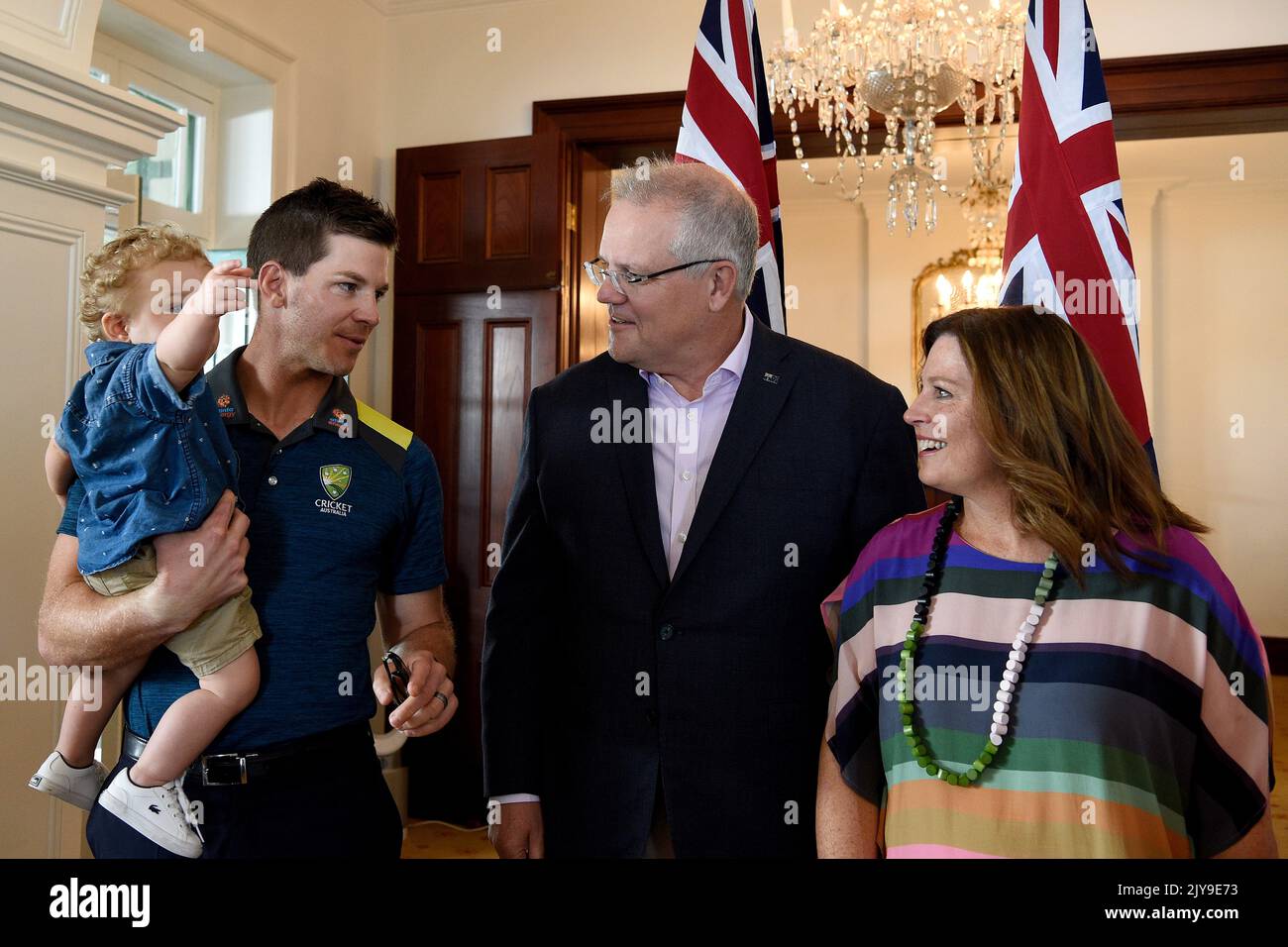 (L-R) Australian cricket captain Tim Paine, Prime Minister Scott ...